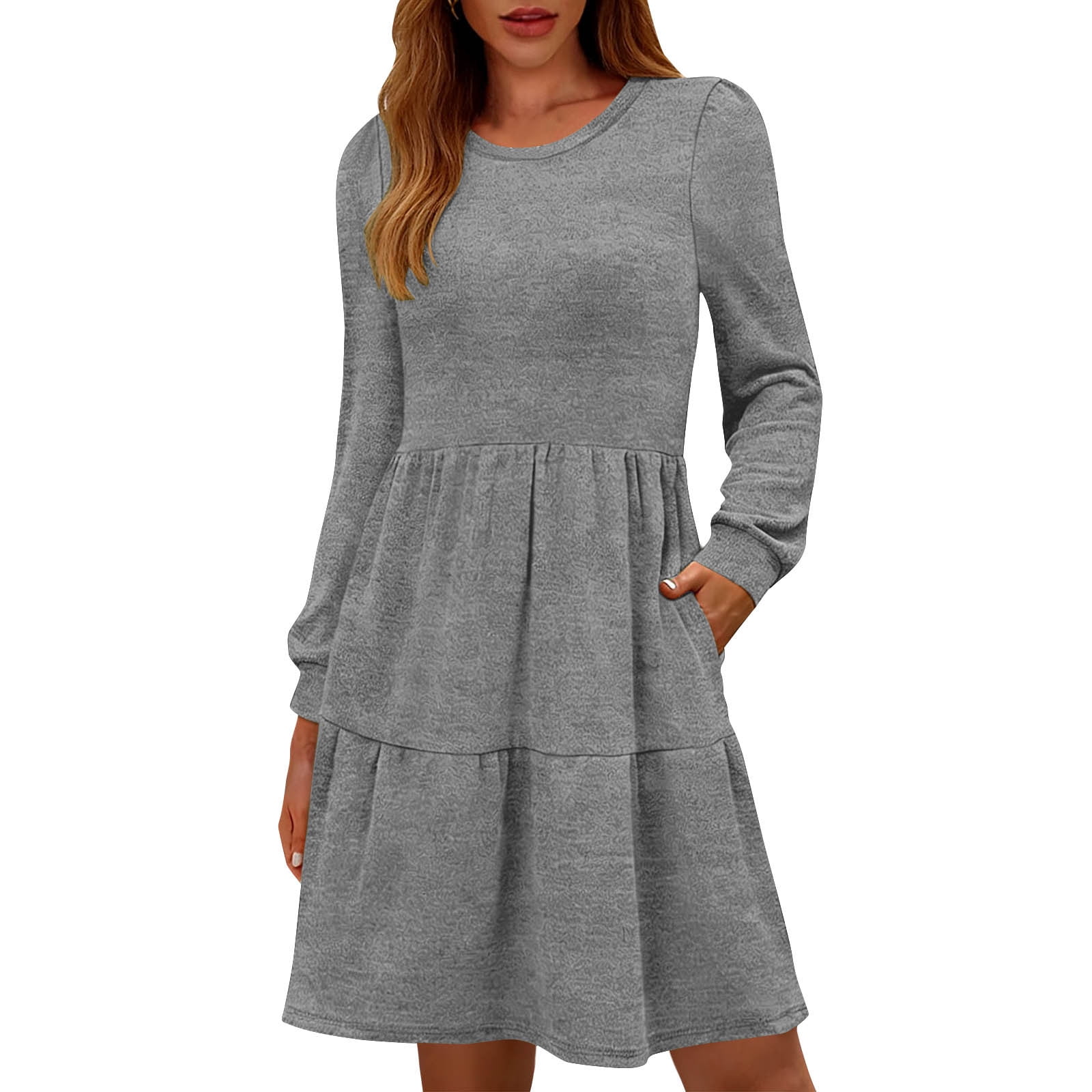 Enjoytime Womens Dresses Solid Color Round Neck Pleated Long Sleeve ...