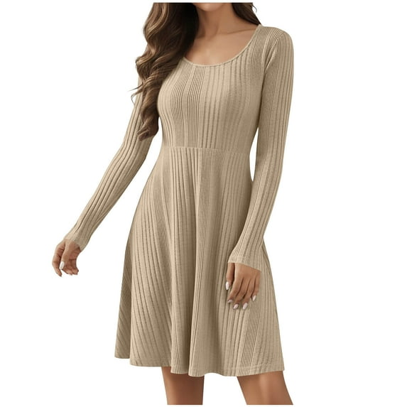 Enjoytime Womens Dresses Solid Color Round Neck Pleated Long Sleeve ...