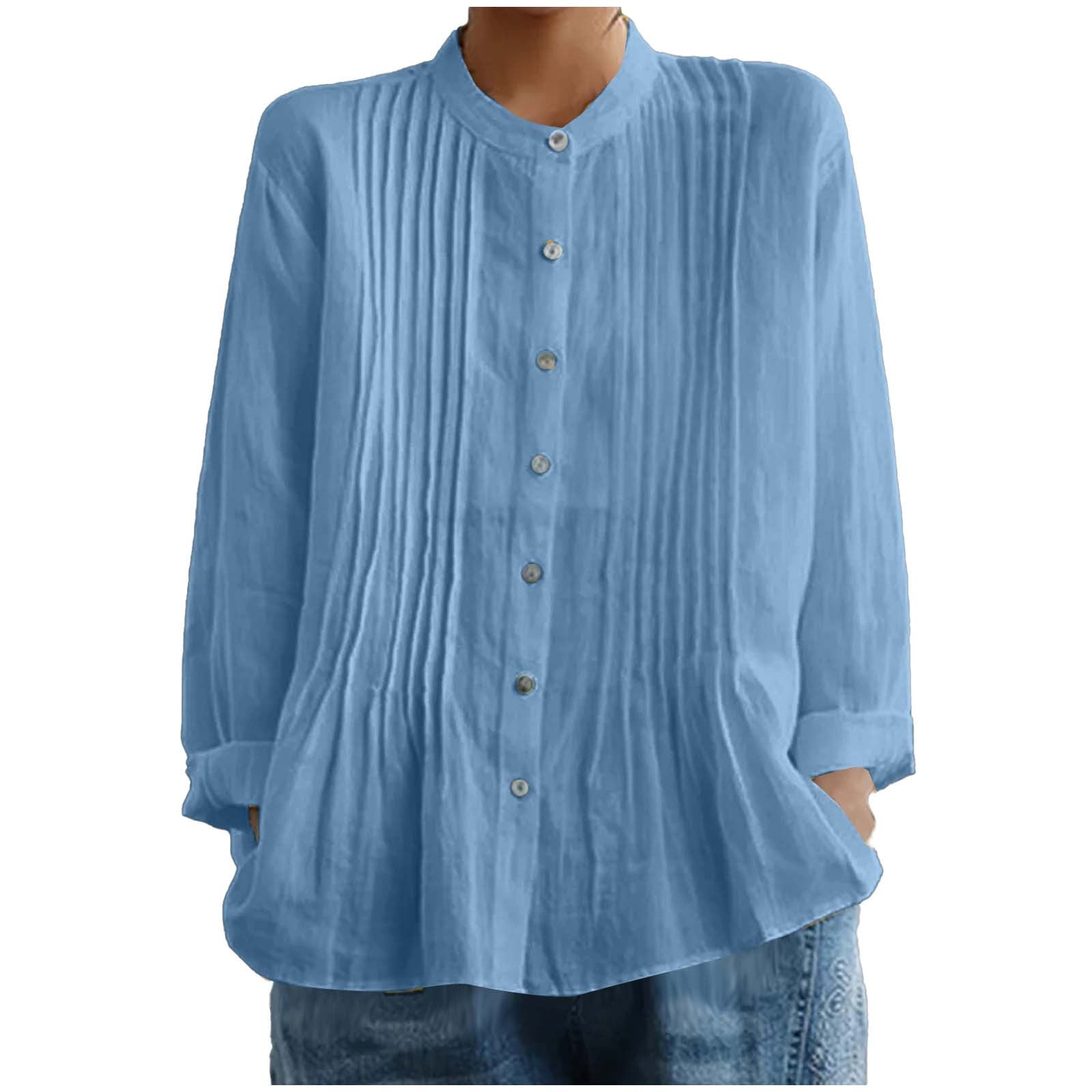 Enjoytime Womens Long Sleeve Tops Solid Color Round Neck Pleated Button ...
