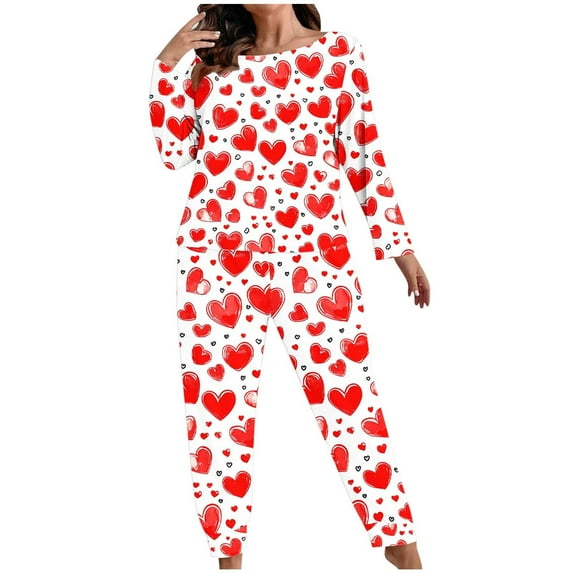 Enjoytime Womens Lounge Set Heart Printed Crew Neck Long Sleeve Tops ...