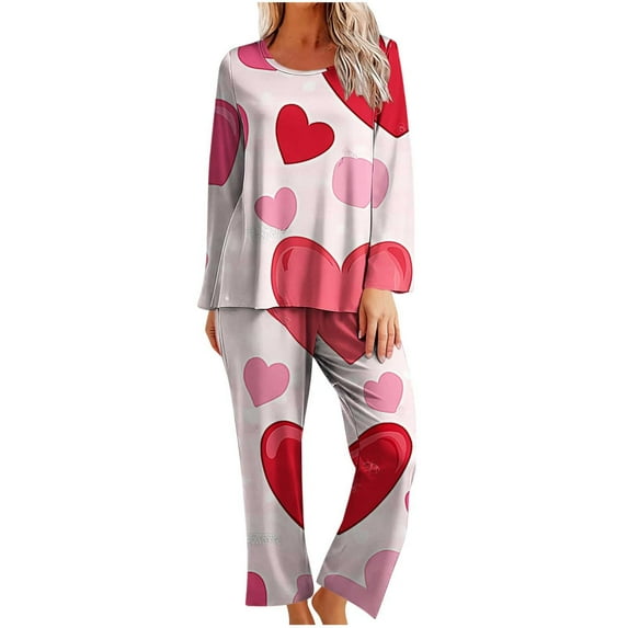 Enjoytime Womens Pajamas Cute Heart Print Loungewear Crew Neck Long ...