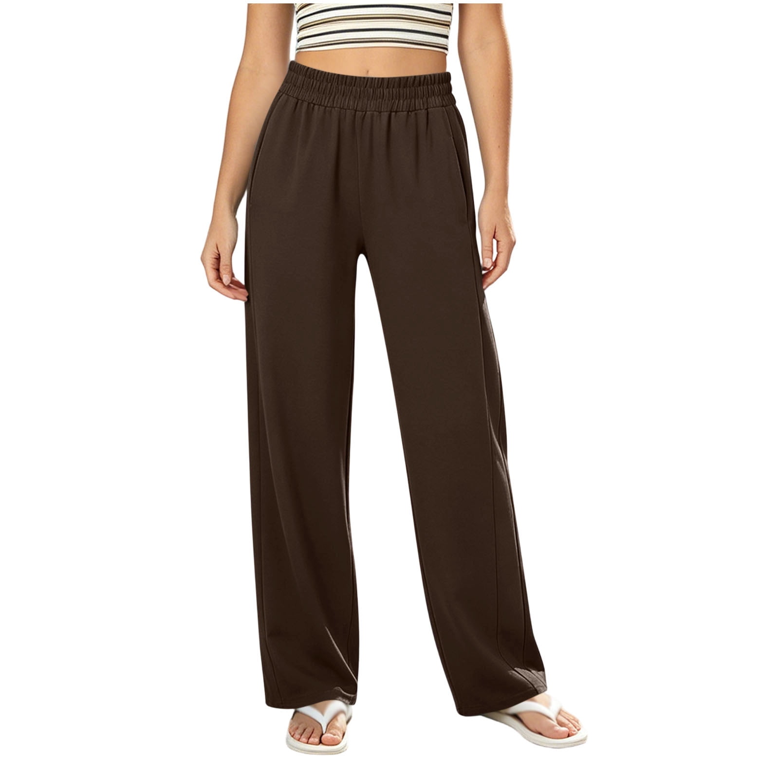 Enjoytime Womens Pants Elastic Waist Straight Wide Leg Trouser ...