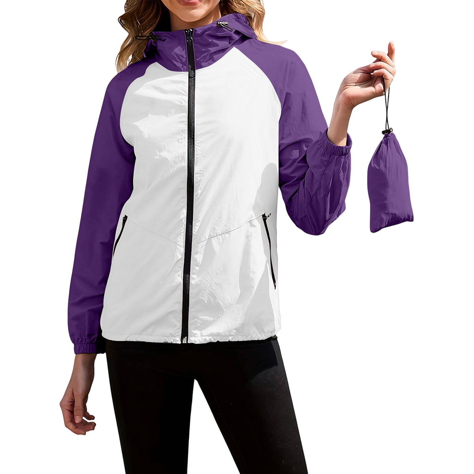 Enjoytime Womens Rain Coat Color Block Waterproof Packable Rain Jacket ...