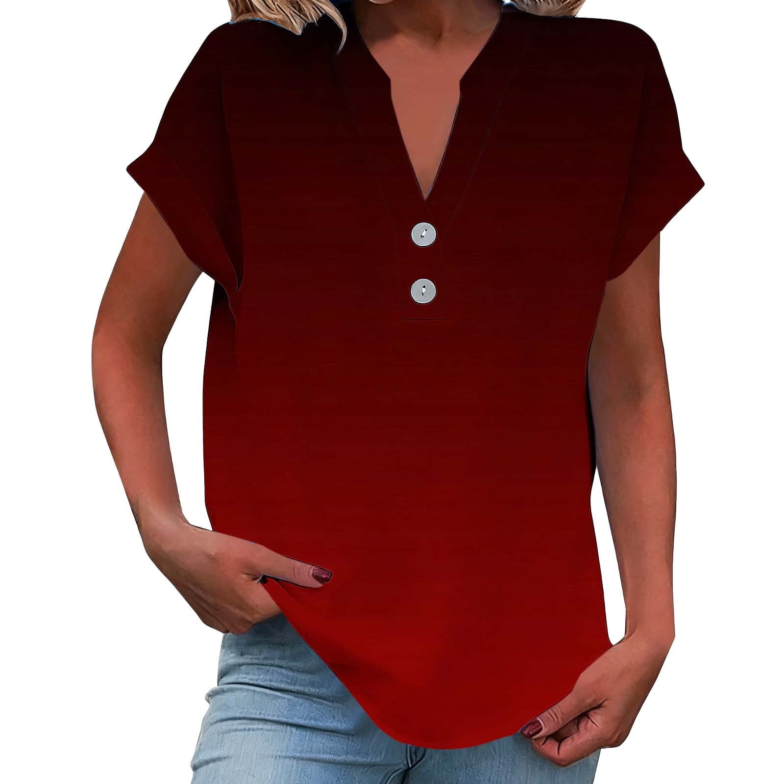 Enjoytime Womens Shirts Gradient V-Neck Short Sleeve Button Down ...
