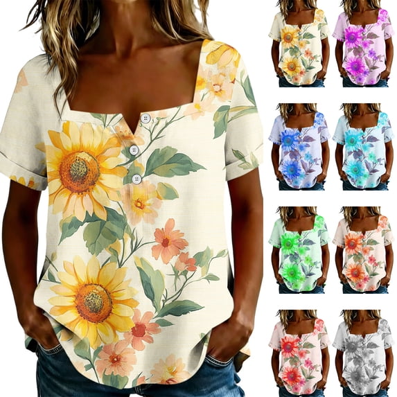 Enjoytime Womens Short Sleeve Tops Print Button Down Square Neck Casual ...