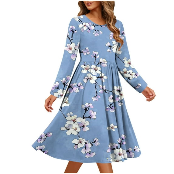 Enjoytime Womens Summer Dresses Floral Printed Round Neck Long Sleeve ...