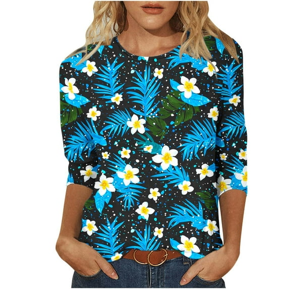 Enjoytime Womens Summer Tops Hawaiian Printed Crewneck 3/4 Sleeve Shirt ...