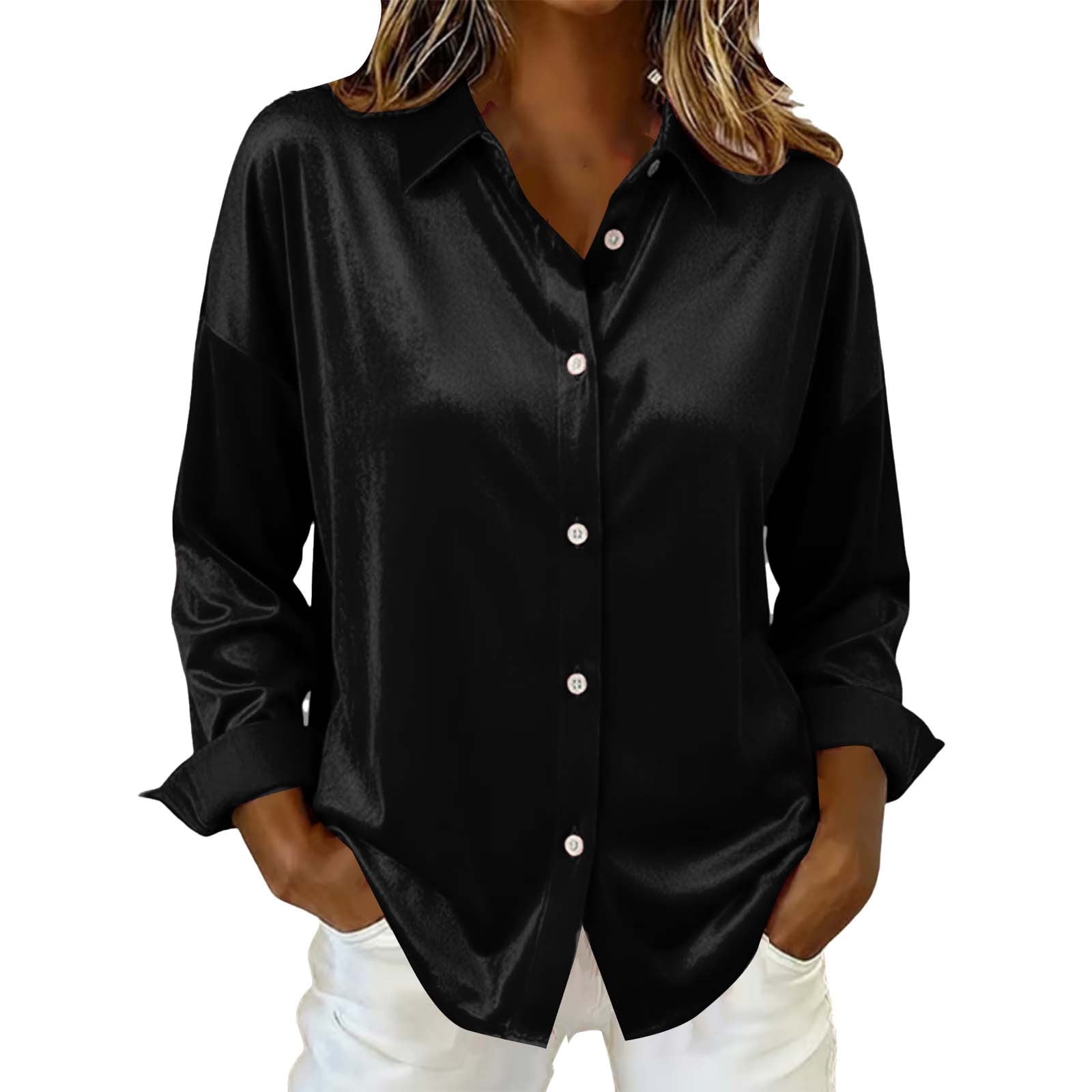 Enjoytime Womens Tops Solid Color Collared Neck Satin Button Down ...
