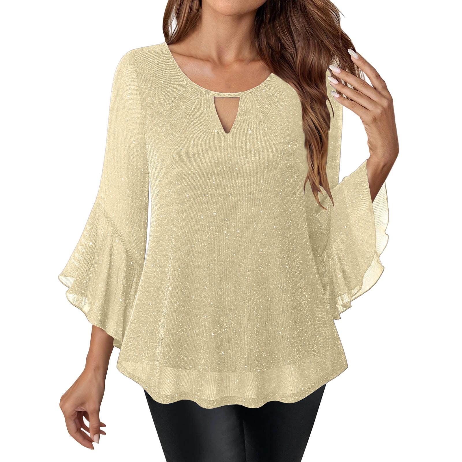Enjoytime Womens Tops Solid Color V-Neck Mesh Ruffled 3/4 Sleeve Blouse ...