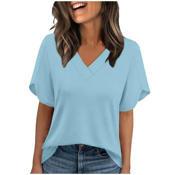 Enjoytime Womens Tops Solid Color V-Neck Ruffle Short Sleeve Blouses ...