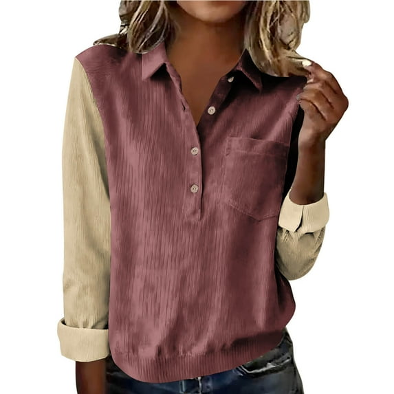 Enjoytime Womens Tops Trendy Patchwork Lapel Half Button Down Blouses ...