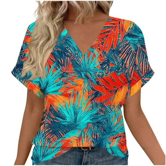 Enjoytime Womens Tops Vintage Printing V-Neck Short Sleeve Blouse ...