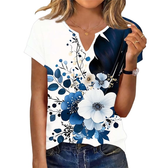 Enjoytime Work Shirts for Women Floral Print V-Neck Short Sleeve Tops ...