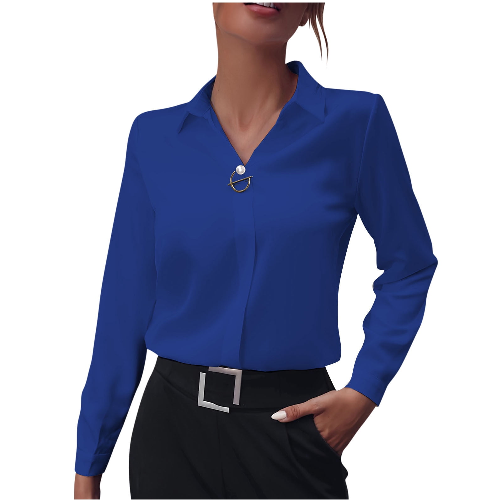 Enjoytime Work Tops for Women Solid Color Lapel Long Sleeve Shirts ...