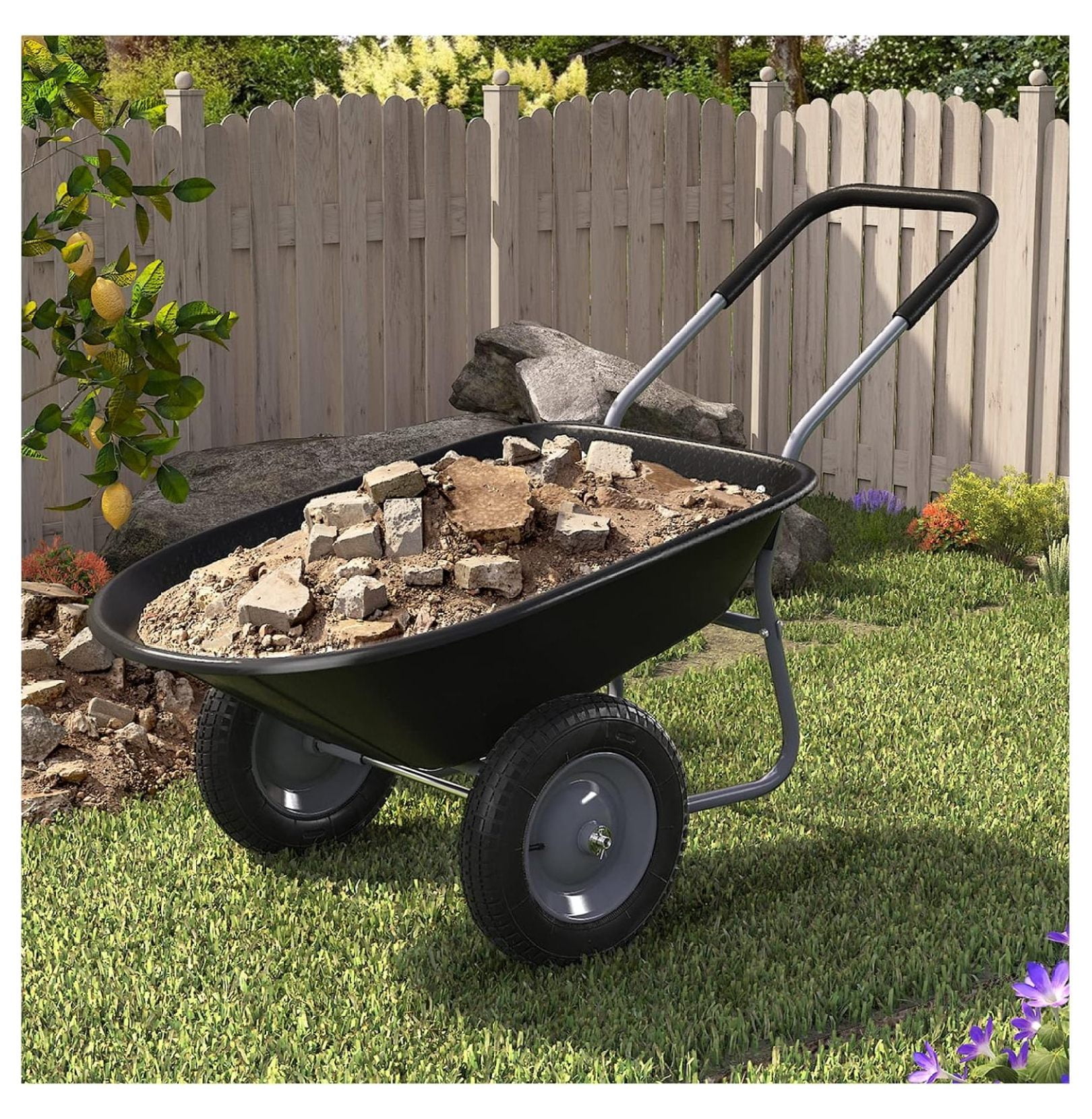 Enlarged 2-Wheel Wheelbarrow, Easy Loading and Dumping Garden Cart ...