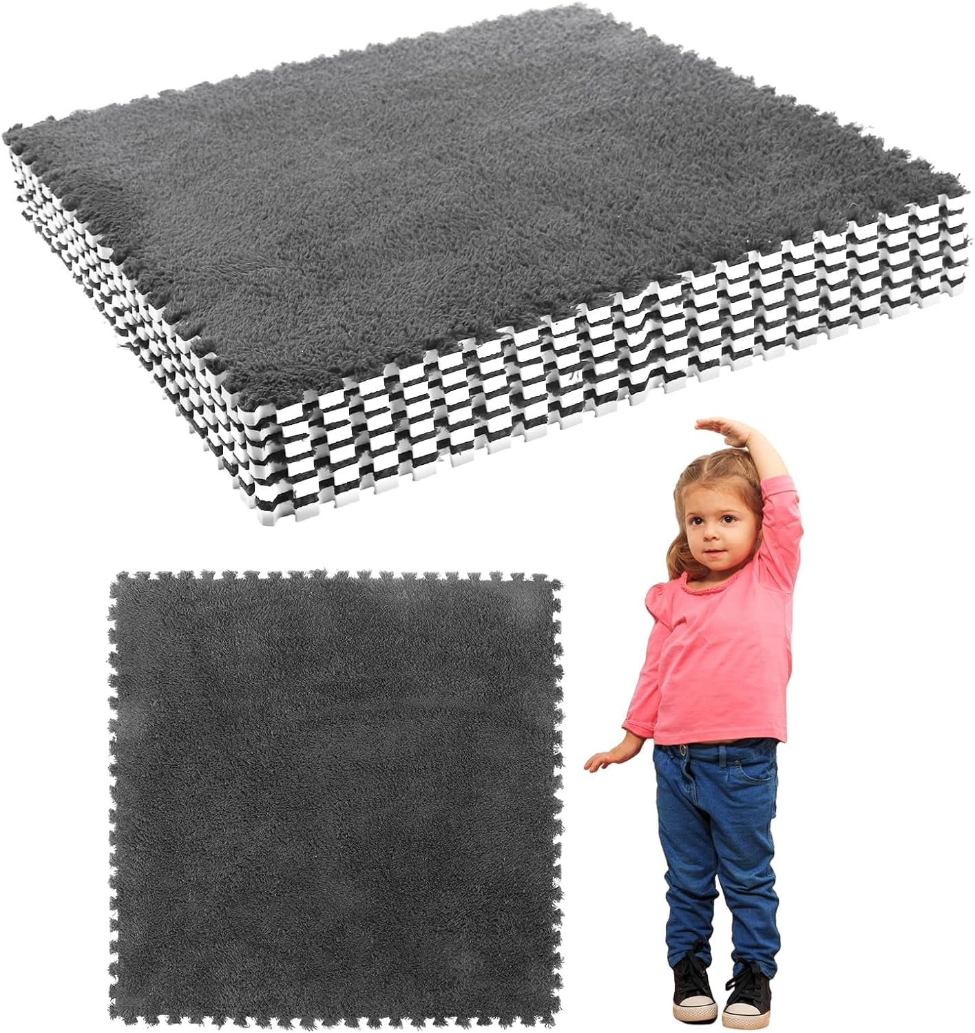 Enlarged 23.6in Plush Foam Interlocking Floor Mat for Kids, 6pcs 0.6" Thick Fluffy Square ...