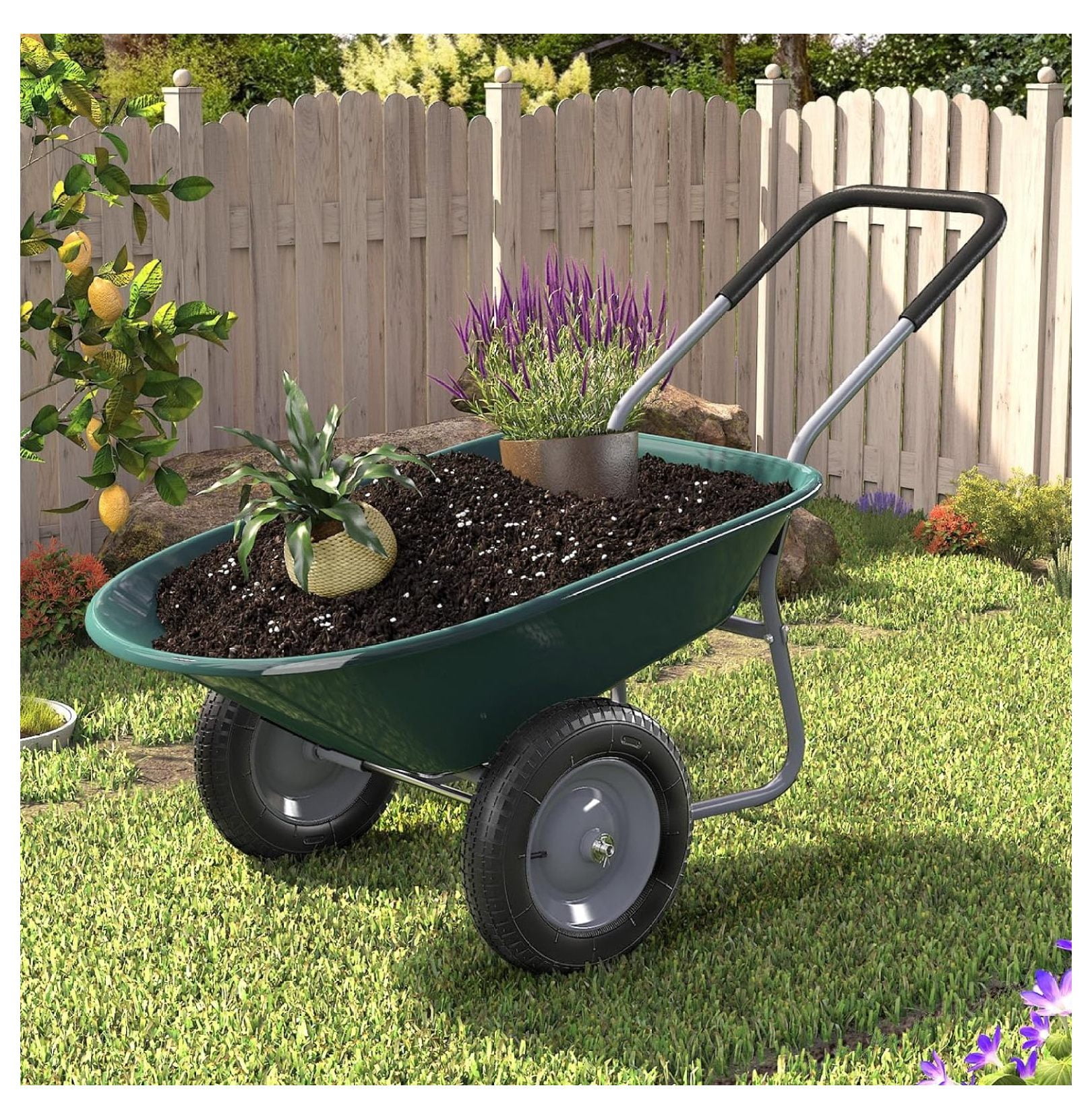 Enlarged Dual-Wheel Wheelbarrow, Easy Loading and Dumping Garden Cart ...