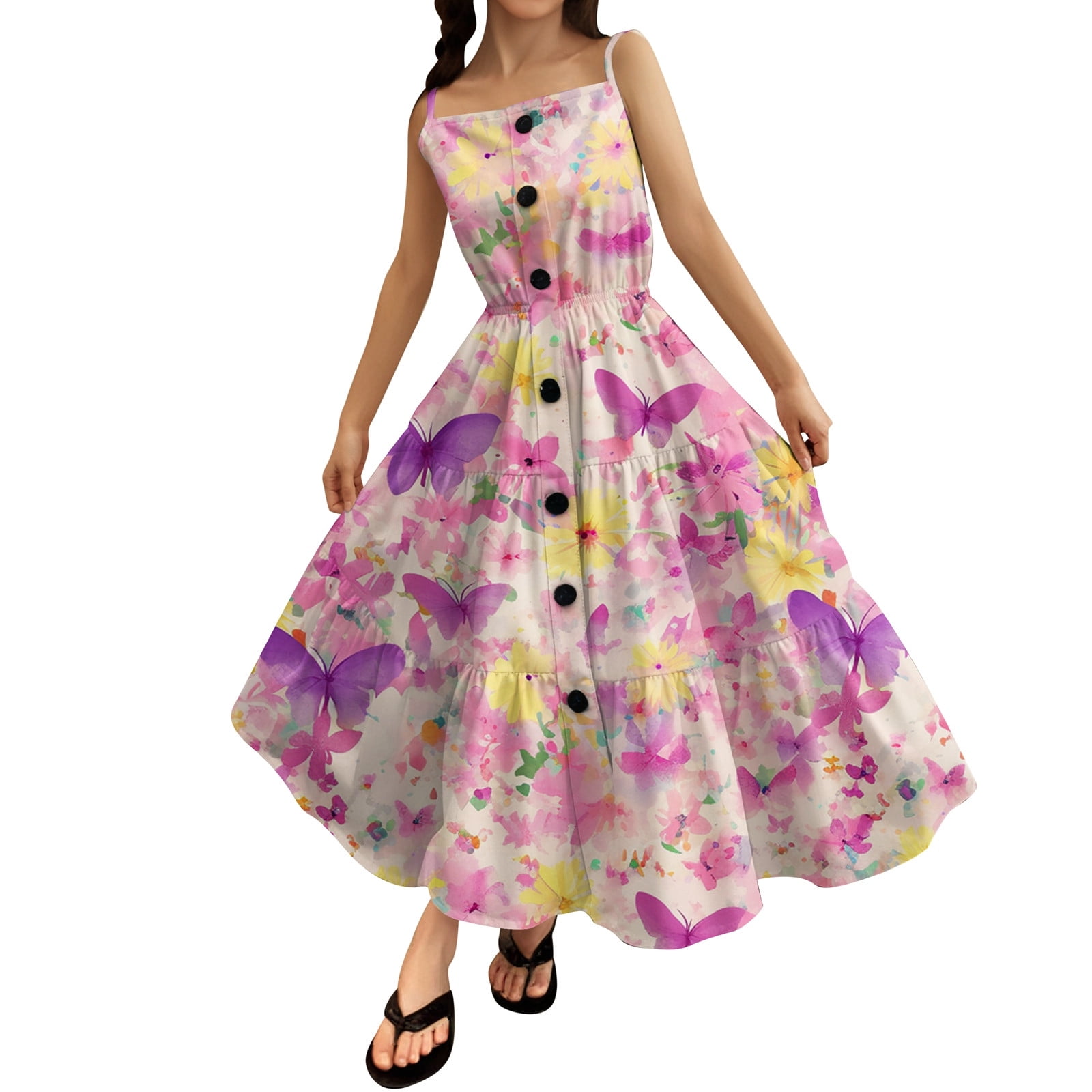 Enlifety Girls Summer Tiered Ruffle Dress Spaghetti Strap Swing Casual ...