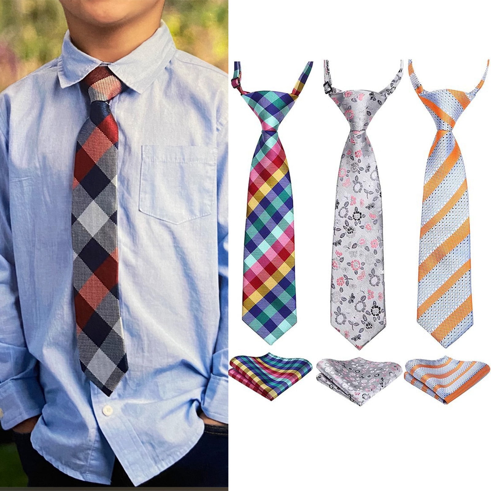 3pcs Boys Pre-Tied Neckties & Pocket Square Set Adjustable Neck Strap ...