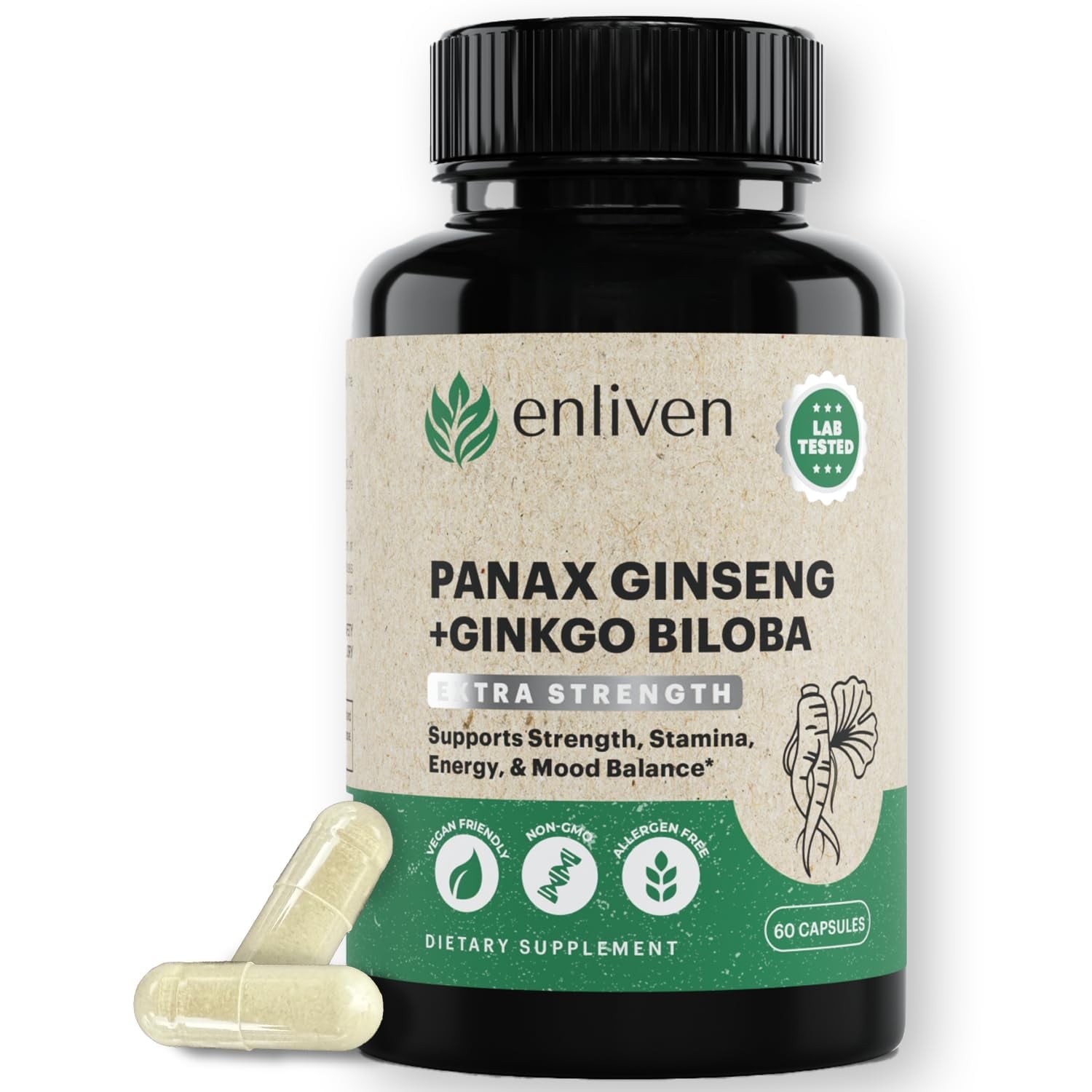 Enliven Panax Ginseng & Ginkgo Biloba Extract Supplement, 60 Capsules ...