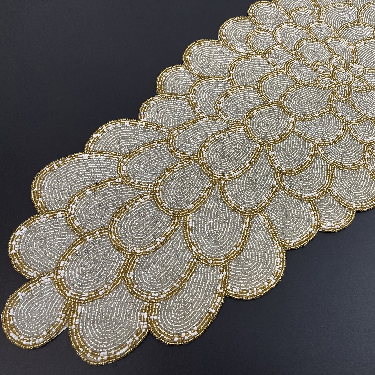 Enliven Handmade bead table runner, floral beaded runner, Silver and ...