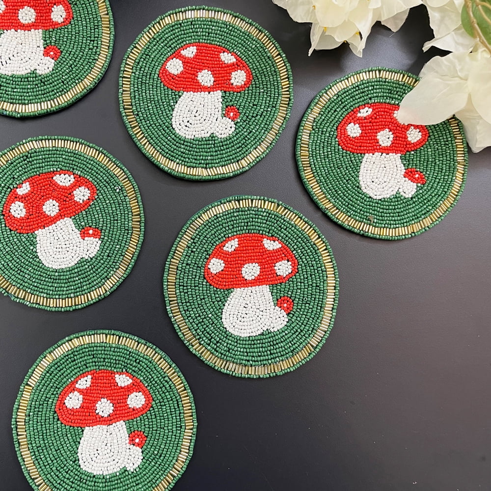 Enliven, Set of 6 coasters, mushroom design beaded drink coasters ...