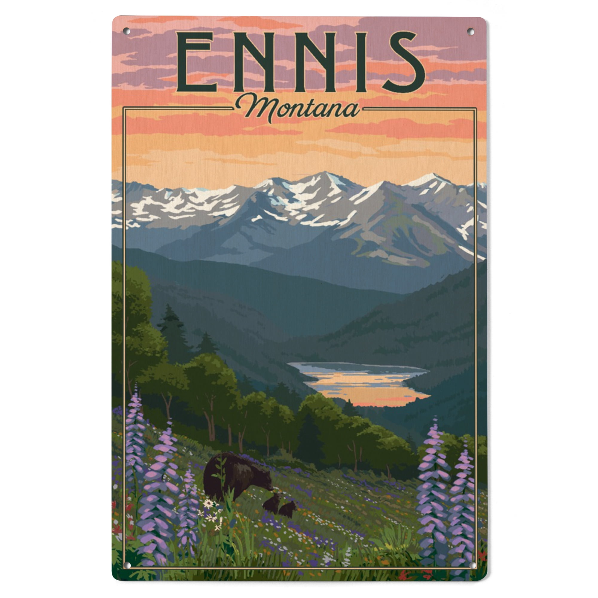 Ennis, Montana, Bear and Spring Flowers Birch Wood Wall Sign (6x9 ...