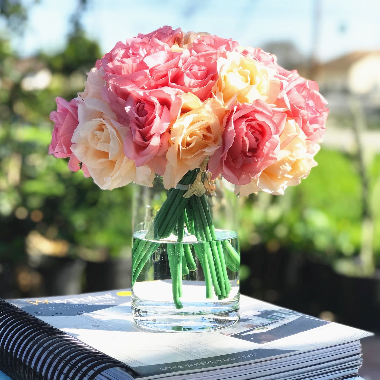 Enova Home Artificial Flowers Silk Open Roses Fake Flowers Arrangement ...