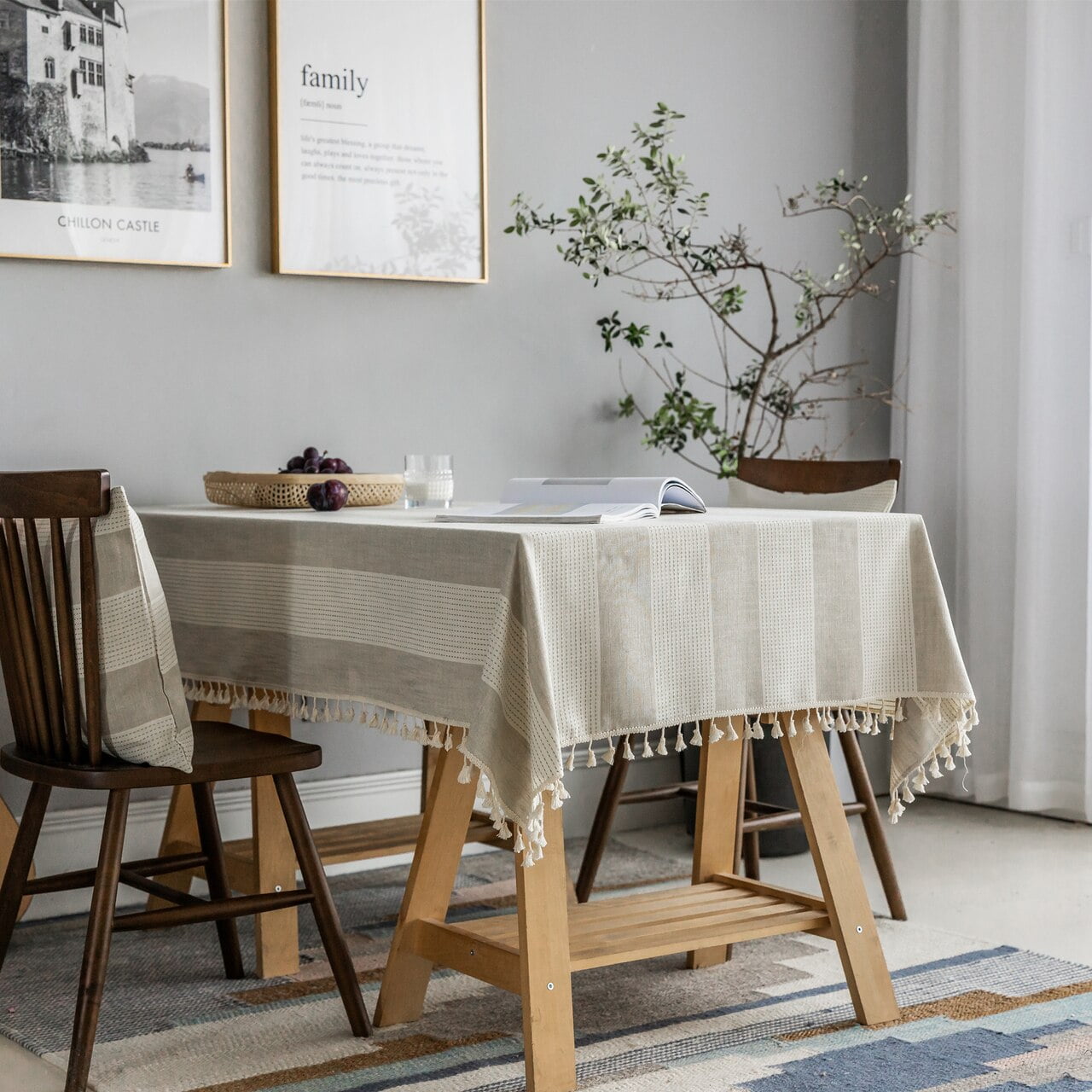 Enova Home Rectangle Cotton and Linen Tablecloth, Beige with Tassels ...