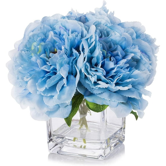 Enova Home Silk Peony Flowers Arrangements in Cube Glass Vase with Faux Water for Home Table ...