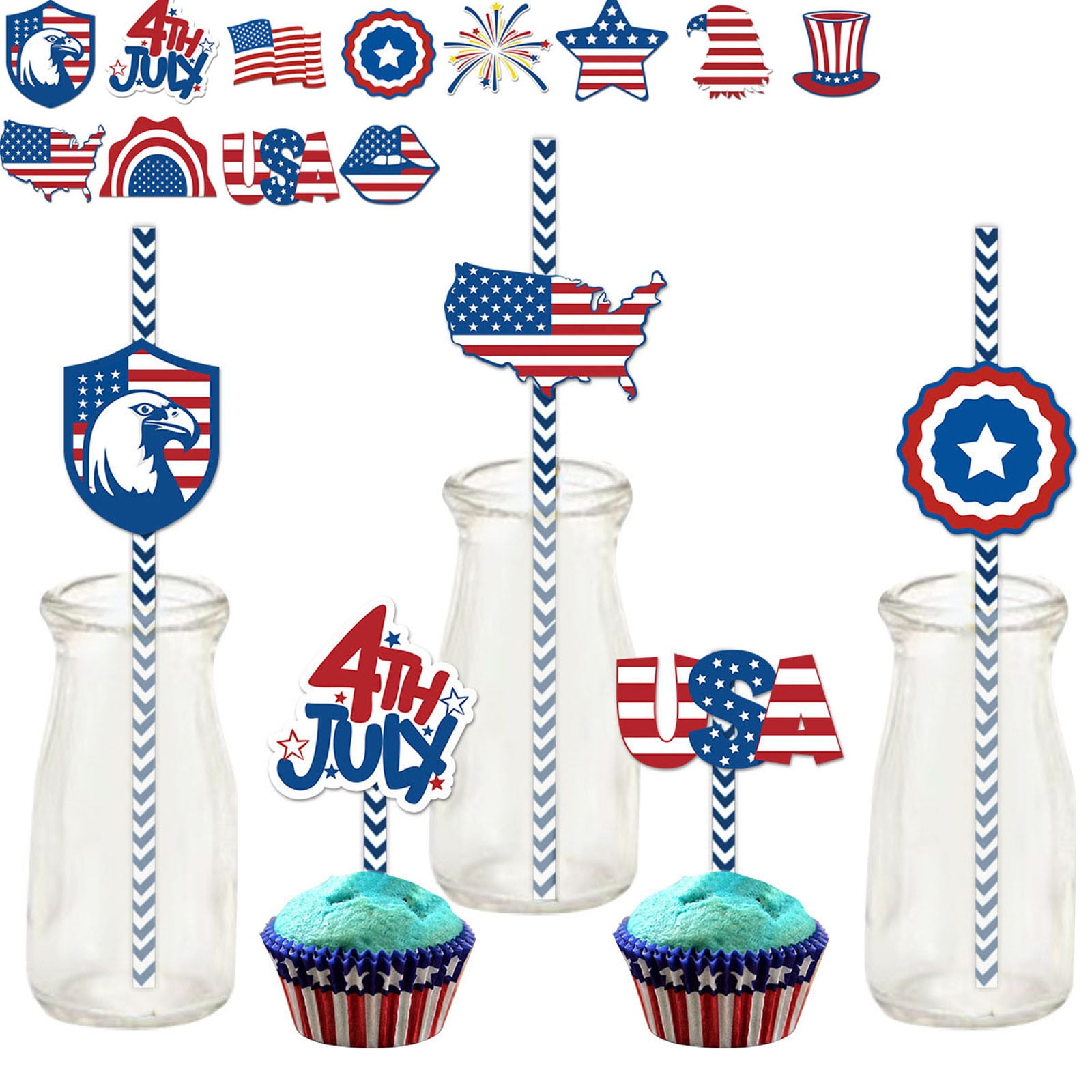 Enridrech 24PC Decorative Straws with Flags Suit for Independence Day ...