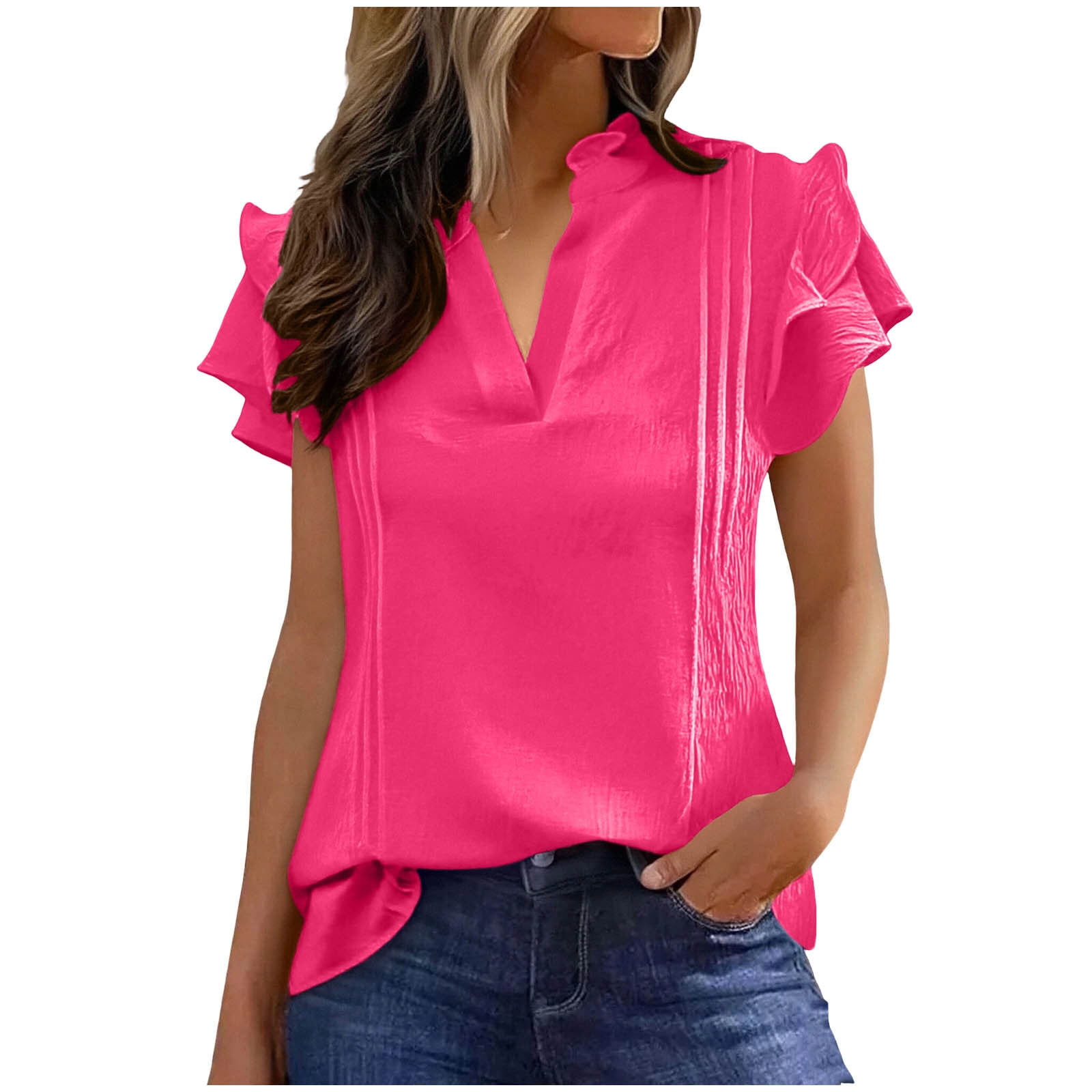 Enridrech Women's Dressy Casual Stylish Tops Ruffle Short Sleeve V Neck ...