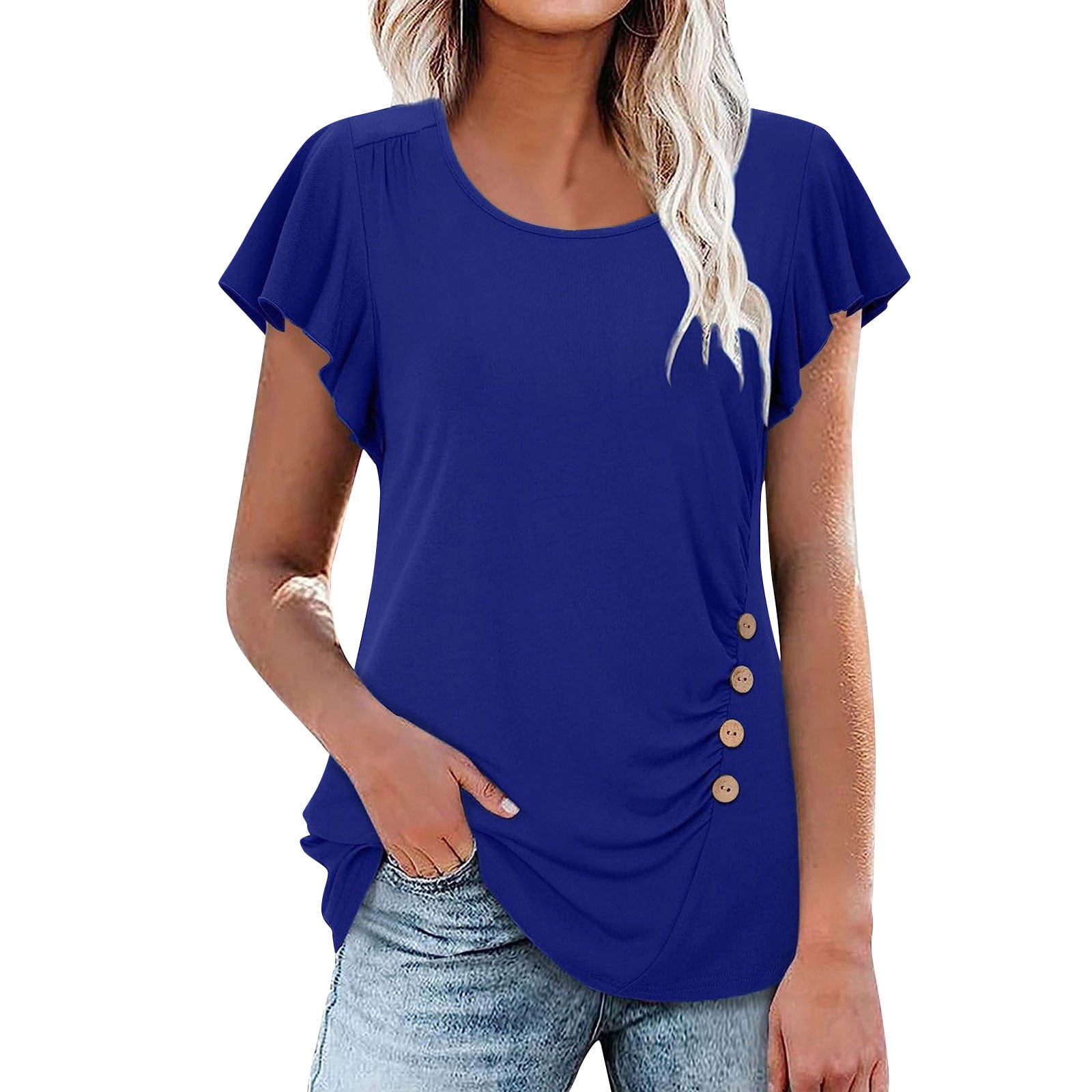 Enridrech Women's Summer Shirt Ruffle Short Sleeve T Shirts with Button ...