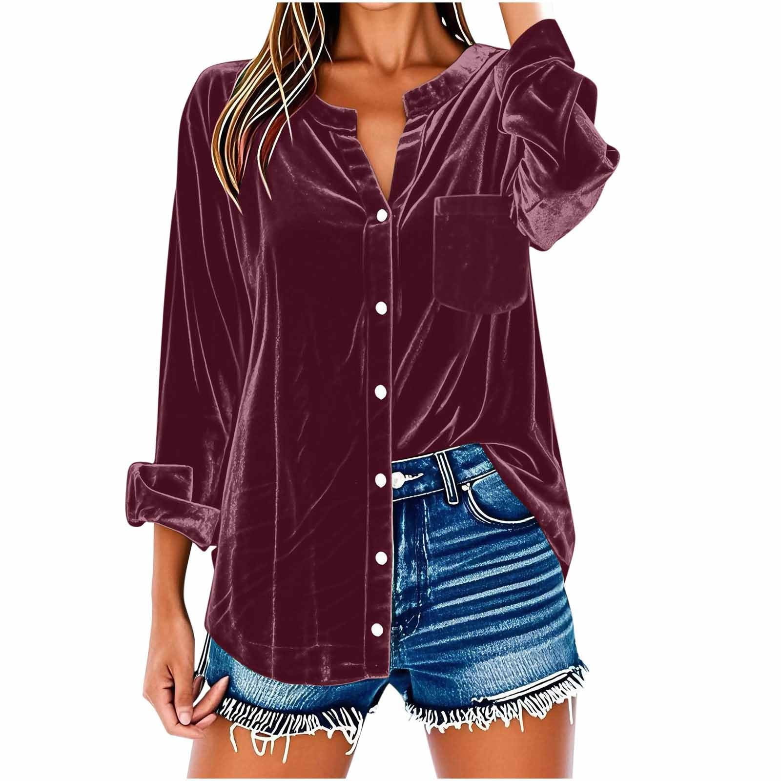 Enridrech Womens Velvet Tops Casual Vintage Long Sleeve Button down ...