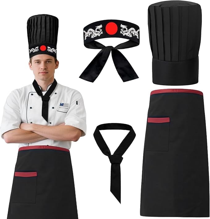 Enroslu 4PC Hibachi Chef Costume Set, Chef Tall Hat and Apron Costume ...