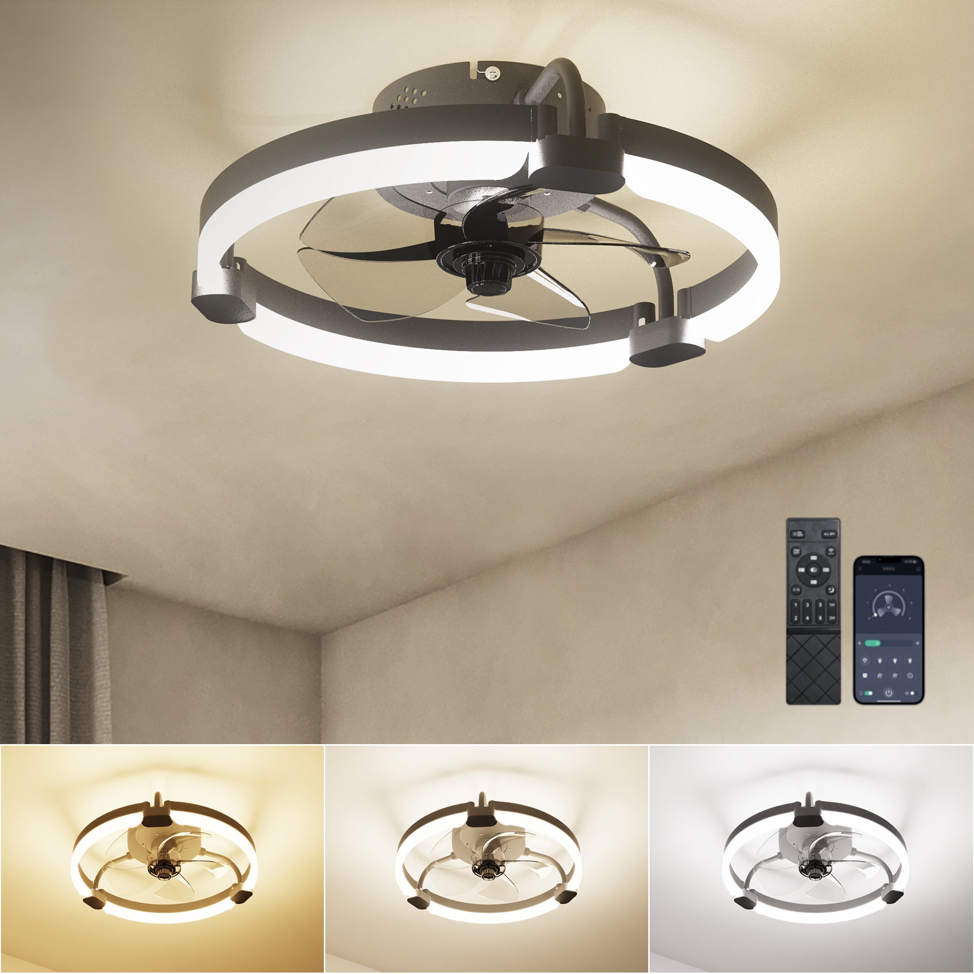 Ensenior 16'' Low Profile Ceiling fans with Lights and Remote, Fandelier Ceiling Fan Flush Mount ...