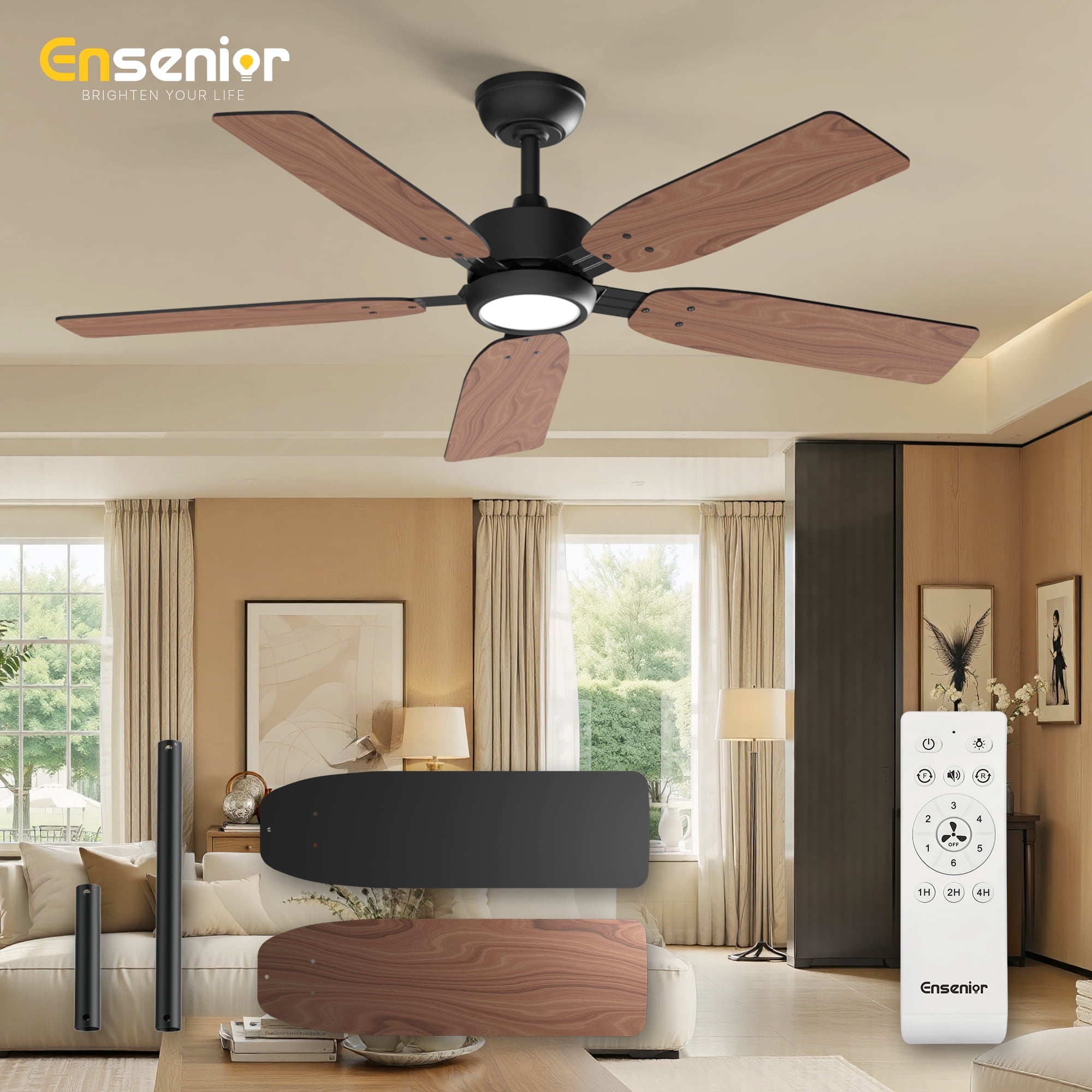 Ensenior 52 Inch Ceiling Fans with Lights and Remote Control, 5 Blades ...