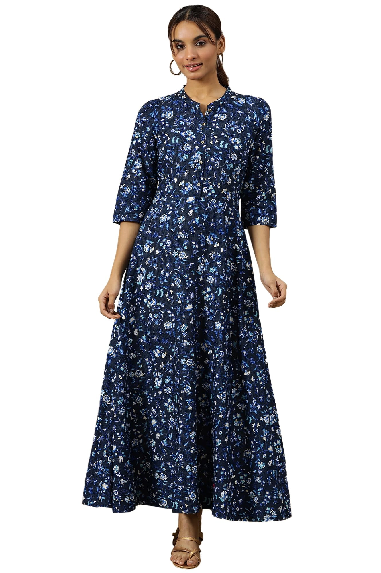 Ensign Blue Floral Printed Flared Pure Cotton Dress In Mandarin Collar ...
