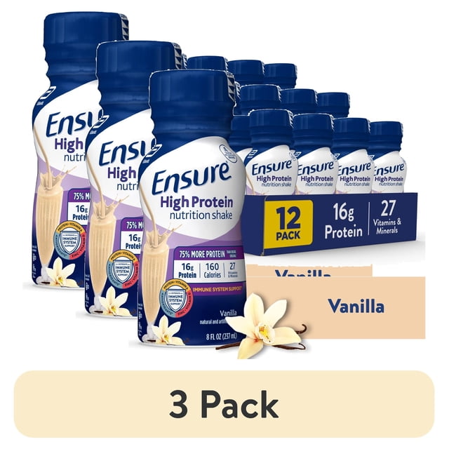 (3 pack) Ensure High Protein Nutrition Shake, Vanilla, 8 fl oz, 12 ...
