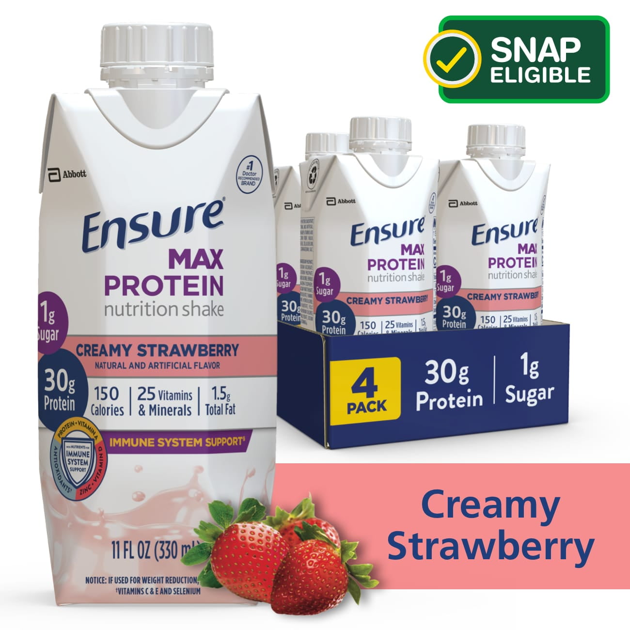 Ensure Max Protein 30g Nutrition Shake, Creamy Strawberry, 11-fl-oz, 4 ...