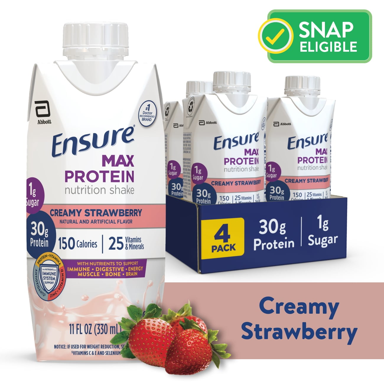 Ensure Max Protein 30g Nutrition Shake, Creamy Strawberry, 11-fl-oz, 4 ...