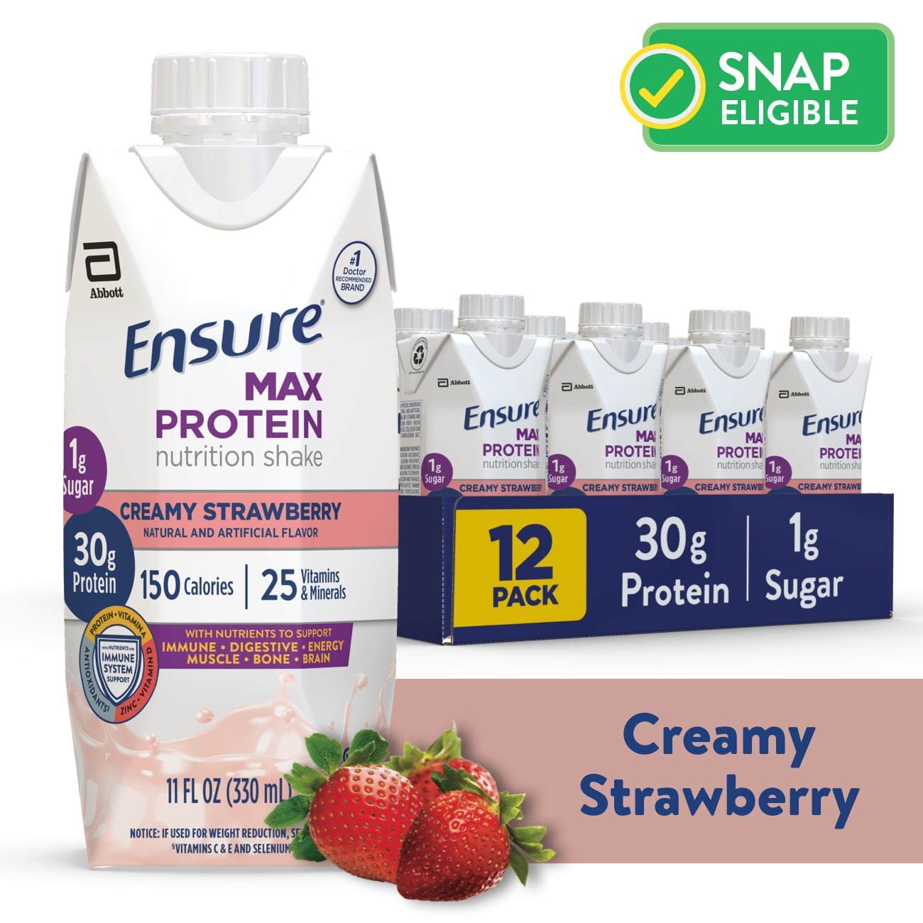 Ensure Max Protein Nutrition Shake, Creamy Strawberry, 11 fl oz, 12 ...