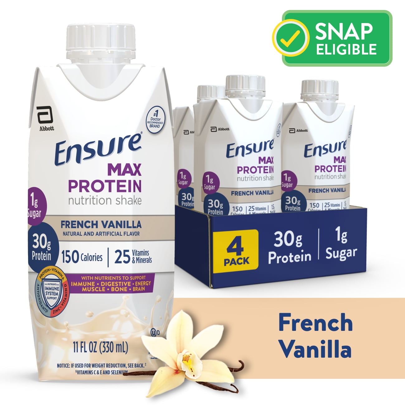 Ensure Max Protein Nutrition Shake, French Vanilla, 11 fl oz, 4 Count ...