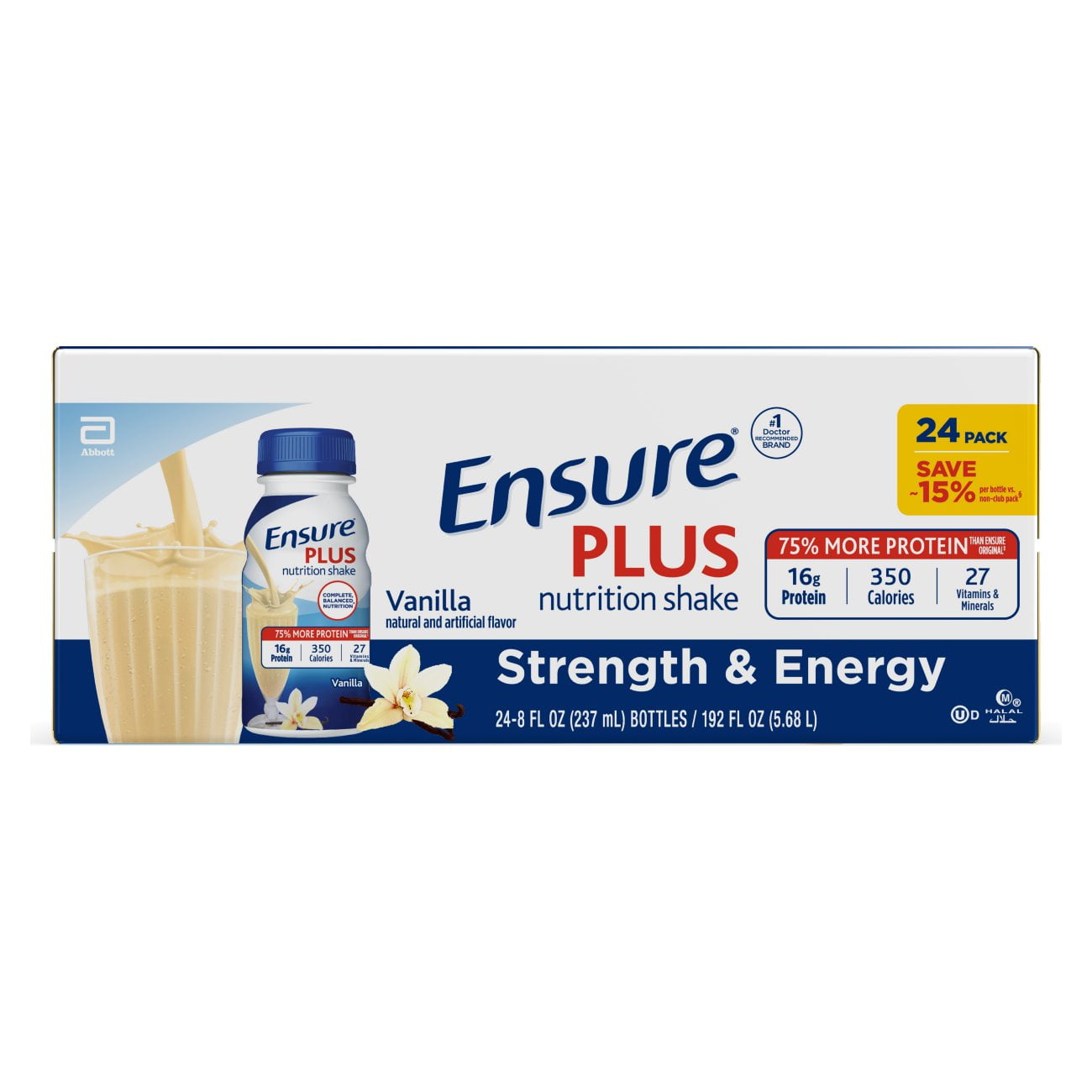 Ensure Plus Vanilla Nutrition Shake, 24 Count Multipack, 16g Protein ...
