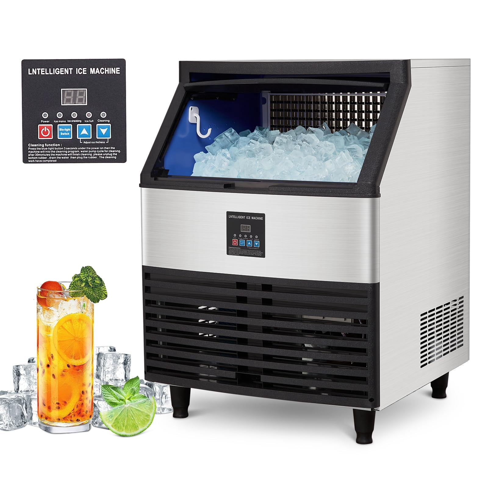 Entcook 110V Commercial Ice Maker 320Lbs/24H with 88Lbs Storage, 6x18 ...