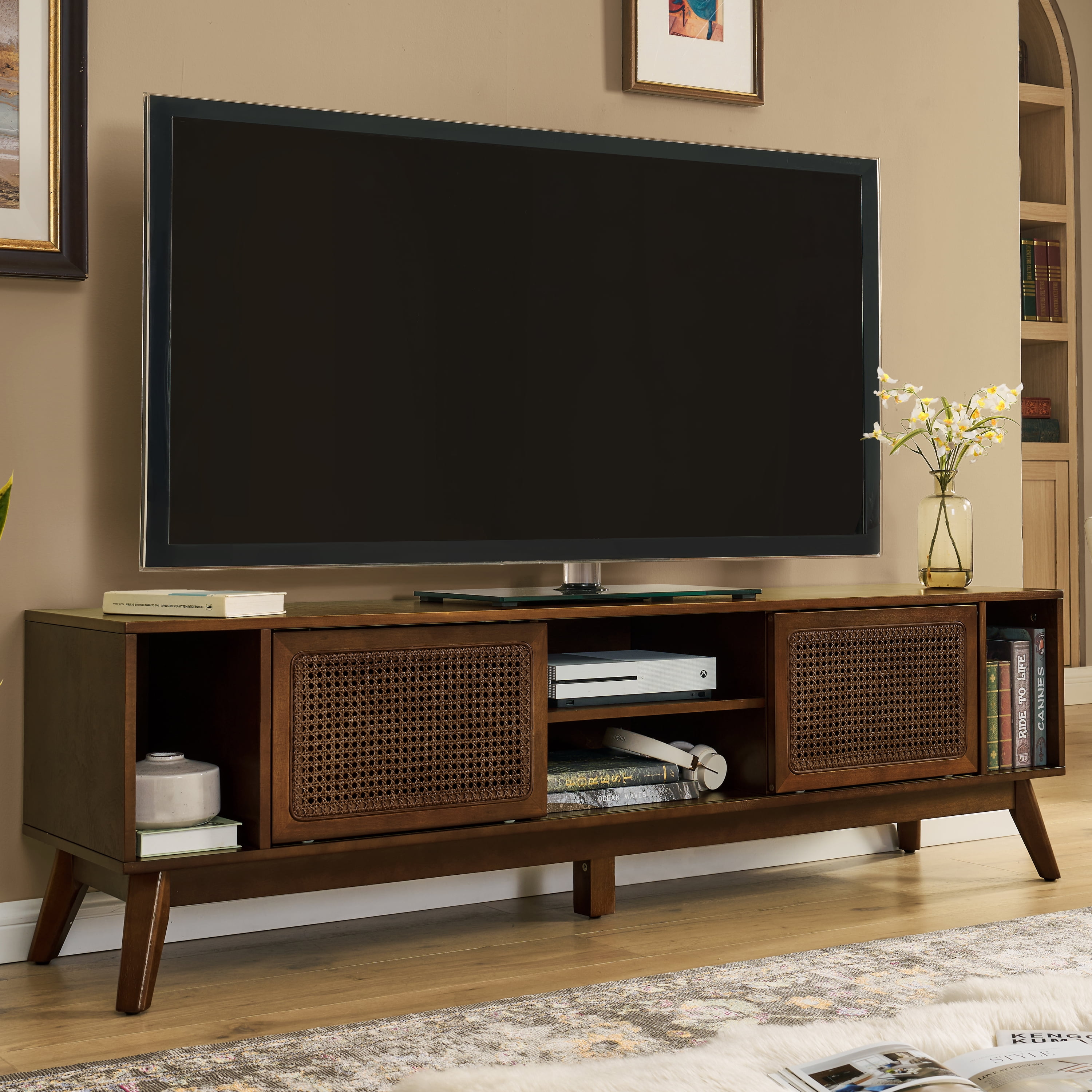 Entertainment Center 67.9 Inch Mid Century Modern Rattan TV Stand for ...