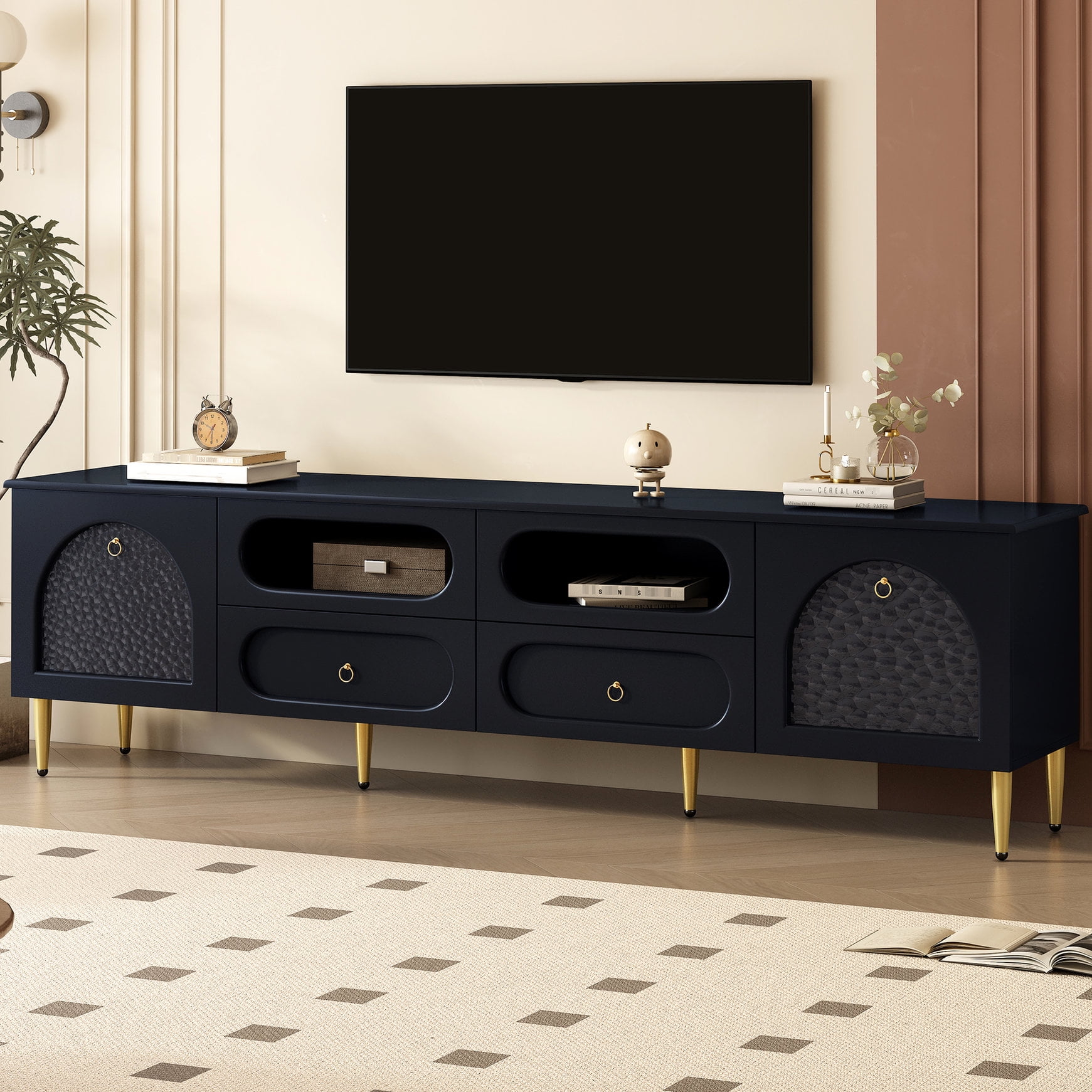 Entertainment Center, 78.8'' Long, 2 Cabinets, 4 Drawers, 6 Metal Legs ...
