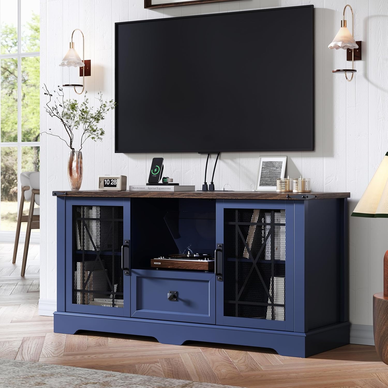 Entertainment Center Blue TV Stand with Charging Station Modern 55 ...