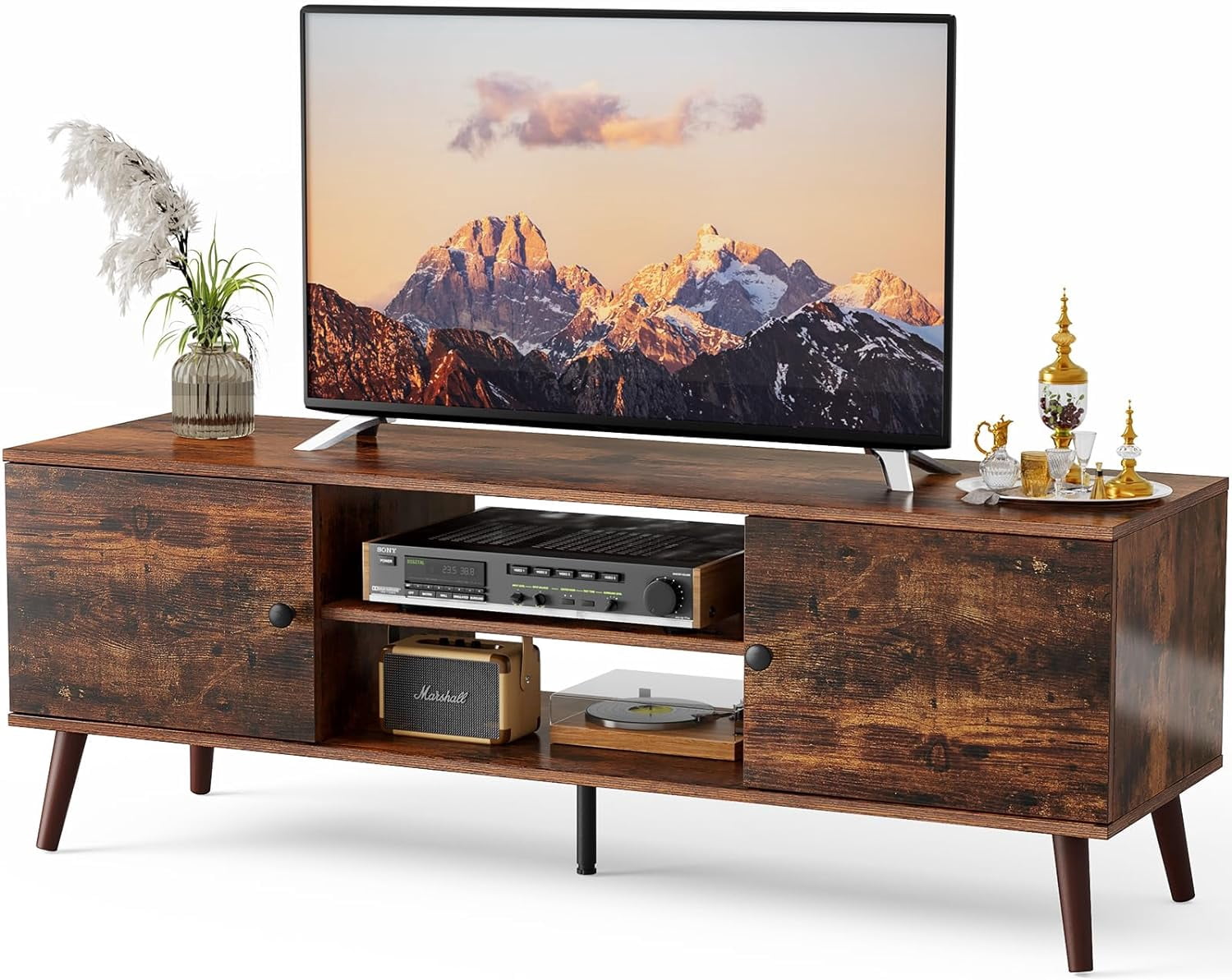 Entertainment Center with Storage Cabinet, Mid Century Modern Media ...