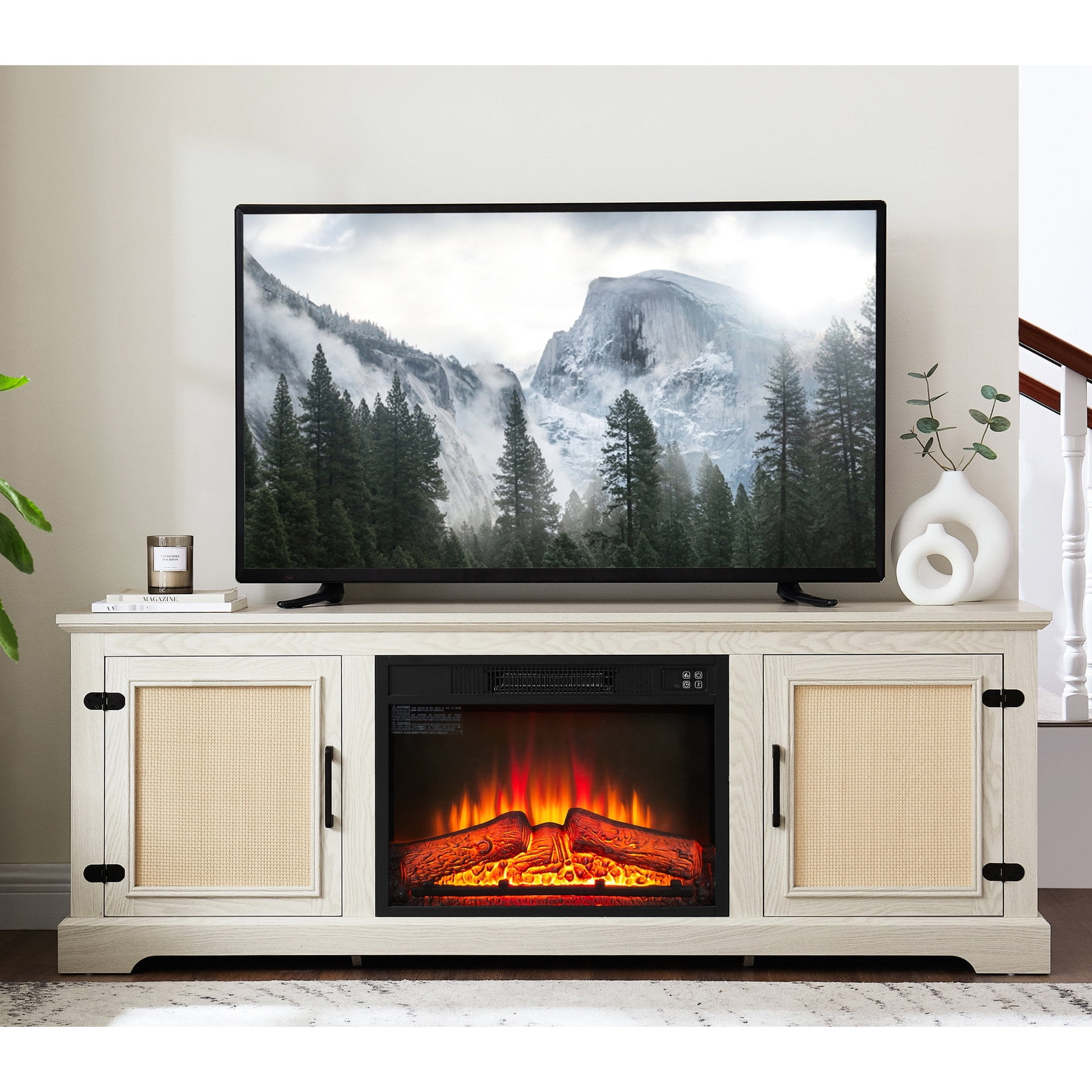 Entertainment Center TV Stand | 70-Inch TV Compatibility, Fireplace Timer Function | Natural ...